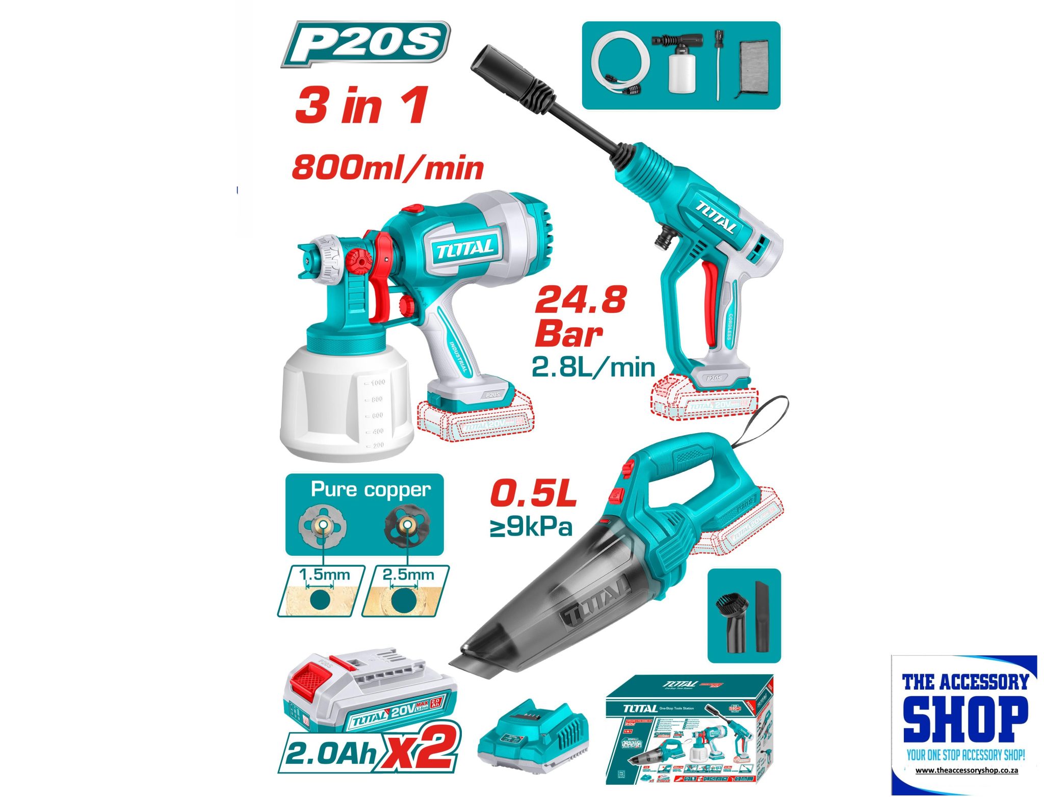 Combo Spray gun, Vacuum cleaner, Pressure washer, 2x 2amp Battery and ...